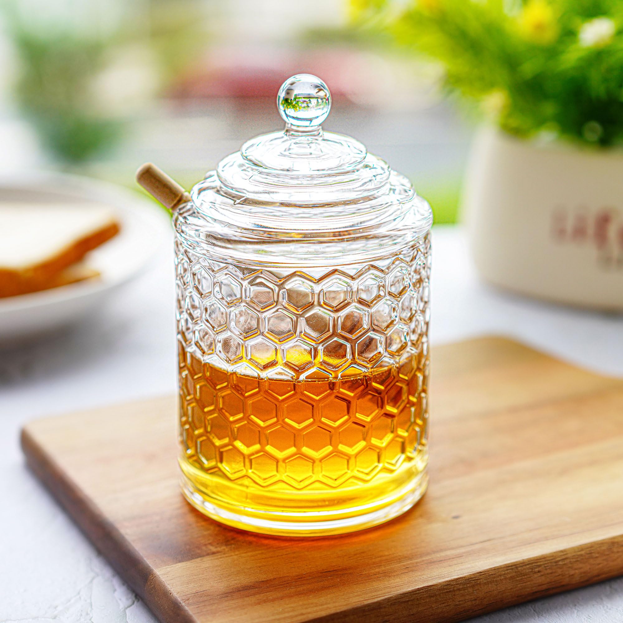 kanpura Clear Crystal Honey Pot with Dipper and Lid,Glass Honey Jar with Dispenser, Glass Honey and Syrup Container for Home Kitchen
