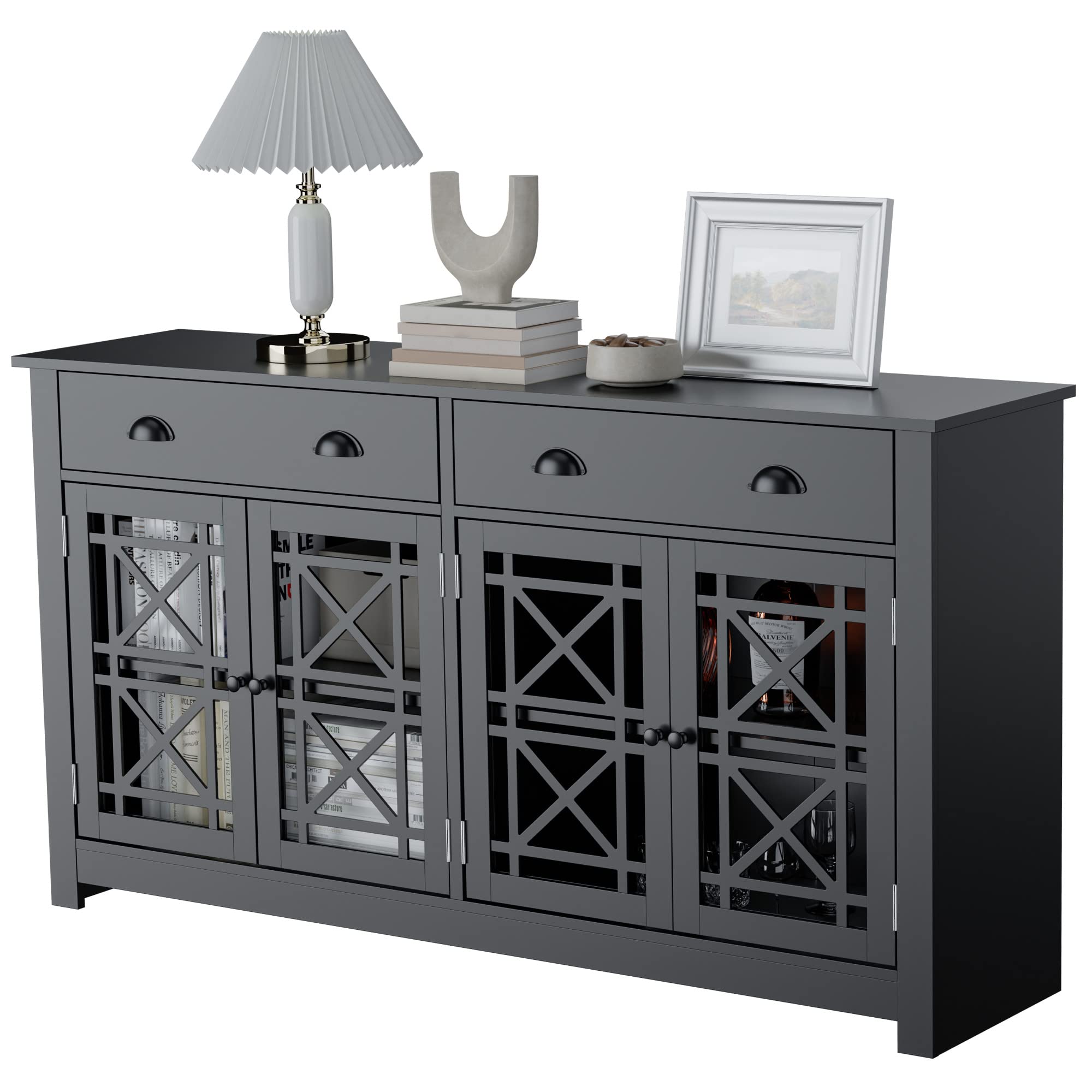 Cozy Castle Modern Buffet Cabinet with Drawers, Wood Sideboard Buffet Cabinet with 4 Acrylic Glass Doors, Freestanding Bar Cabinet, White