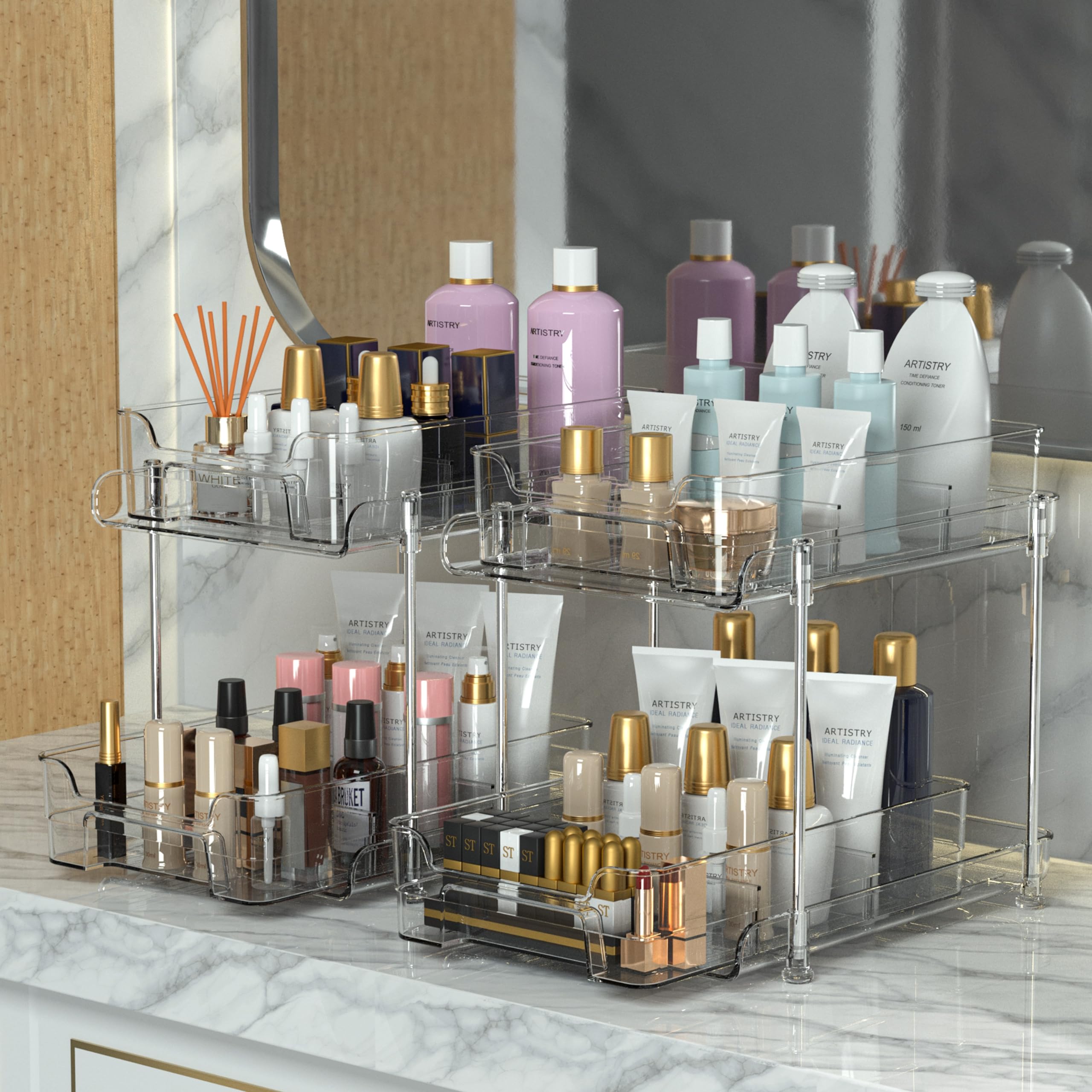 DEKAVA Under Sink Organizer 2 Pack,Bathroom Cabinet Organizer,2 Tier Sliding Cabinet Basket Organizer Drawer, Multi-Purpose Bath Collection Baskets for Bathroom (Clear)