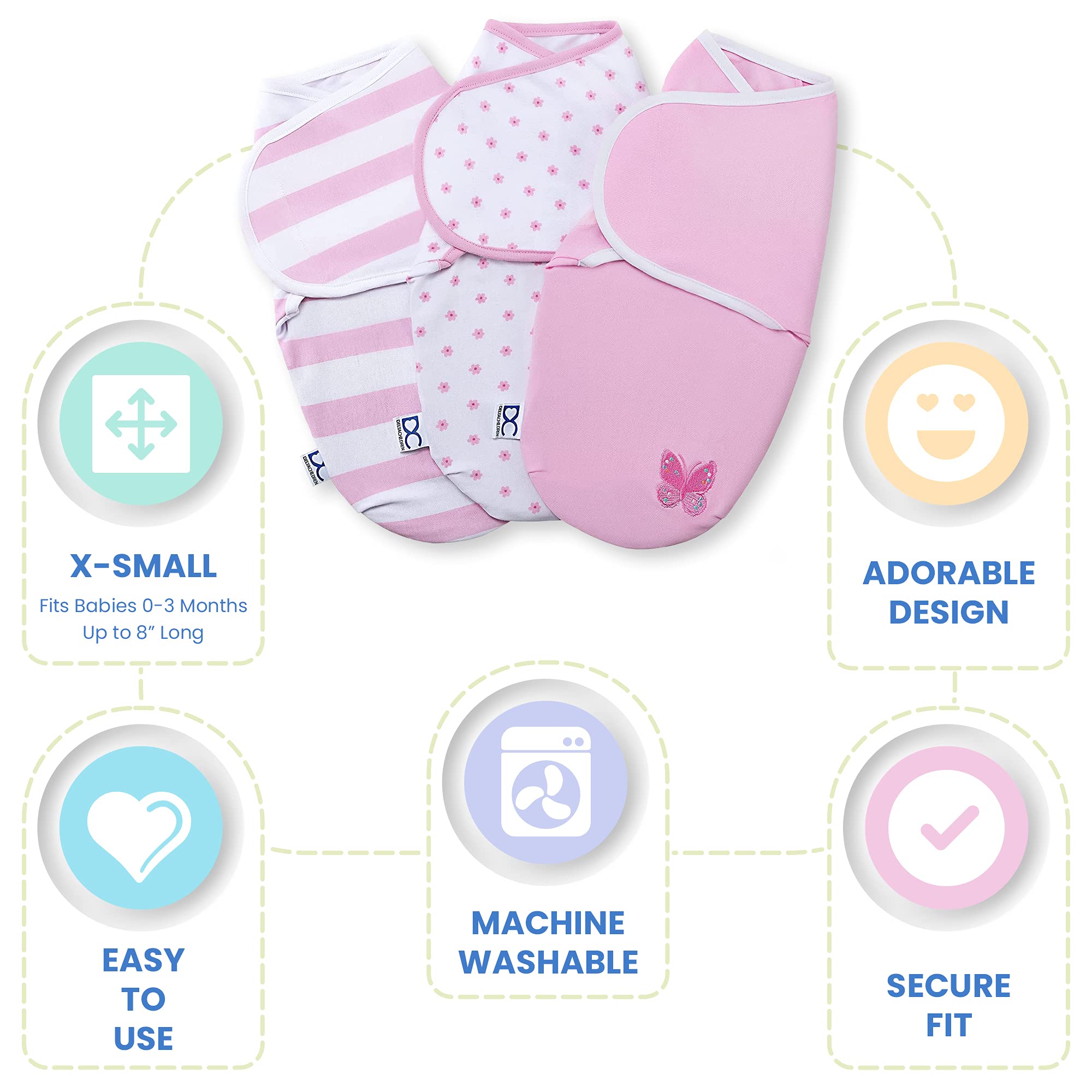Delta Children Little Lambs Adjustable Swaddle Wrap - Premium Cotton - Size Extra Small, Fits Babies 0-3 Months/4-7 lbs., 4-Pack, Pink