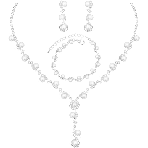 Elegant Bride Bridesmaid Jewelry Sets for Wedding Prom Bridal Necklace Earrings Bracelet Set Women Formal Dress Accessories (Style #1-white pearl-silver tone)