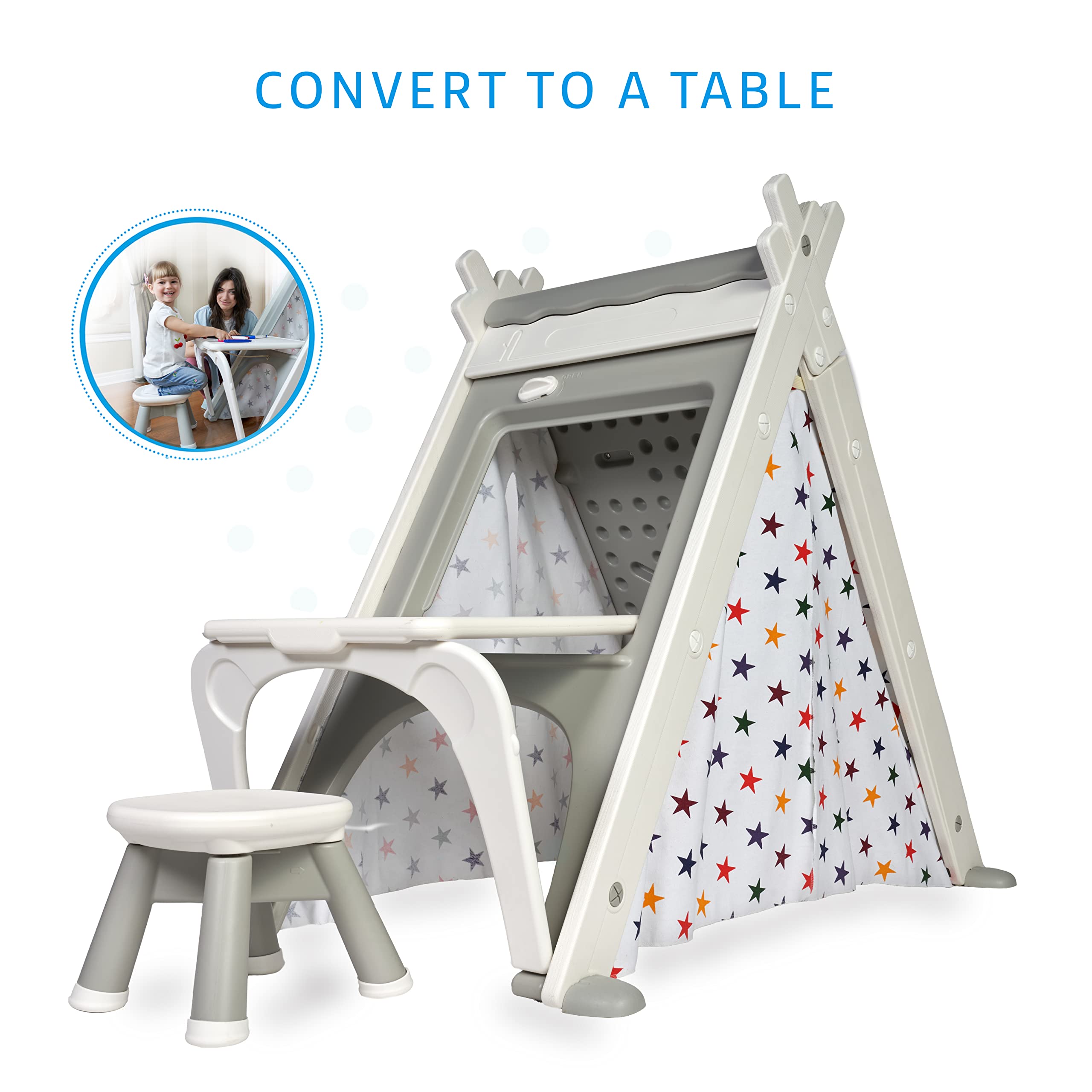 Foldable Kids Play House with Tent,4 in 1 Kids Tent Indoor Playground with Climber- Drawing Board - Tent for kids Indoor-Briks Baseplates Table - Smart Play Table -Indoor Play Tent Triangular