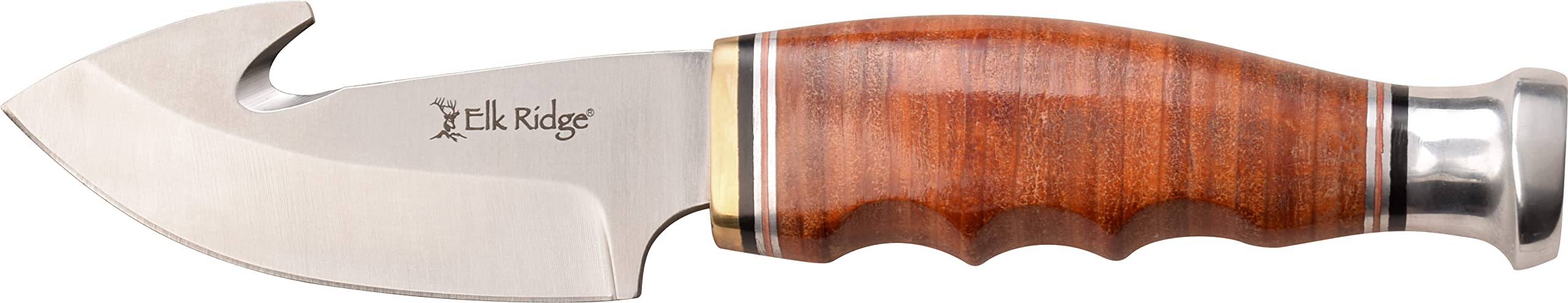 Elk Ridge - Outdoors OUTSKIRT Fixed Blade Knife - 8.25-in Overall, Satin Finish Stainless Steel Gut Hook Blade, Stacked Leather Handle, Includes Leather Sheath, Hunting, Camping, EDC - ER-200-29LBR