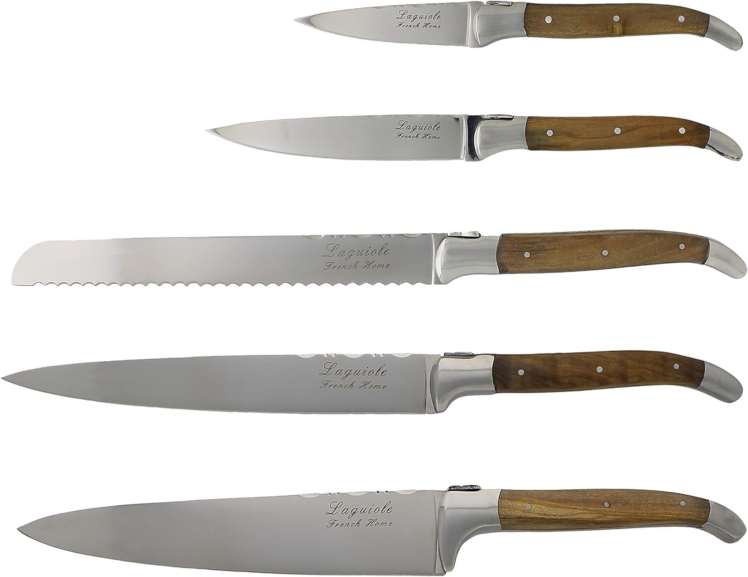 French Home Laguiole Connoisseur Olivewood 5 Piece Kitchen Knife Set plus Magnetic Display.