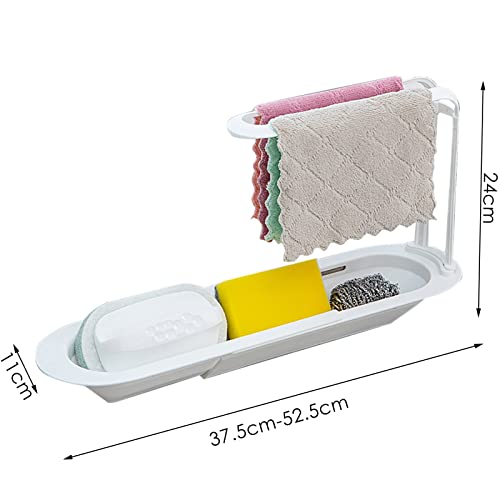 LIFOND Kitchen Sink Caddy Telescopic Sink Tidy Storage Rack Expandable Sink Caddy Organizer with Towel Bar Under Sink Organiser Adjustable Sponge Holder Brush for Kitchen Bathroom,White