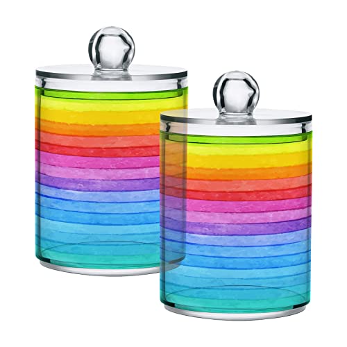 Kigai 2 Pack Rainbow Stripe Qtip Holders Dispenser Bathroom Vanity Organizers Clear Plastic Apothecary Jars with Lids for Cotton Ball, Cotton Swab, Cotton Round Pads, Floss