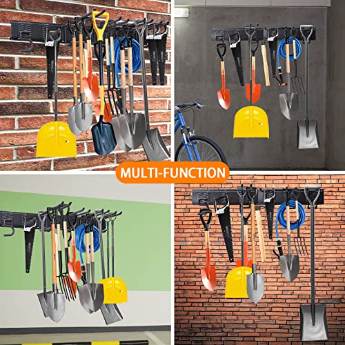 Garage Tool Storage Rack, 32 Inch Adjustable Garage Organizer Wall Mounted 8 PCS Garage Storage with 6 Hooks, Super Heavy Duty Garden Tool Hanger for Shovels, Rake Shovel Yard Tools,Hold Up to 300lbs