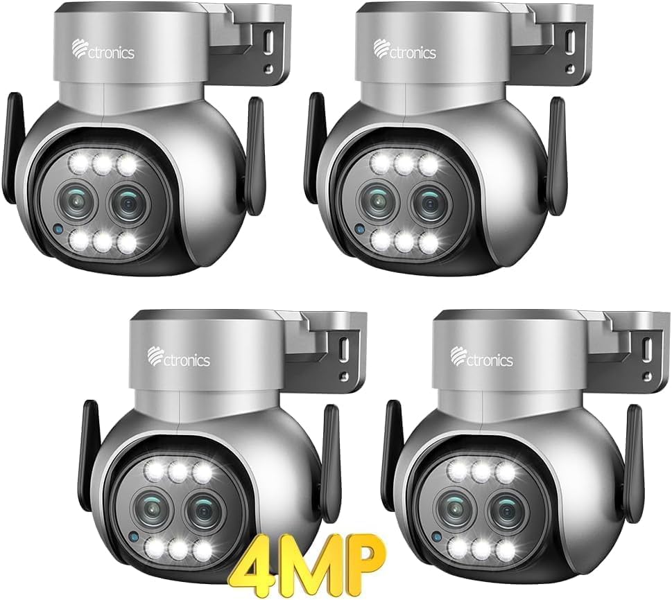 Ctronics 4MP Dual Lens Security Camera Outdoor WiFi 4 Pack, 2.4/5GHz WiFi Camera with 6X Hybrid Zoom, 360° PTZ Surveillance IP Camera, Human Detection with Auto Tracking, Color Night Vision, IP66 690c