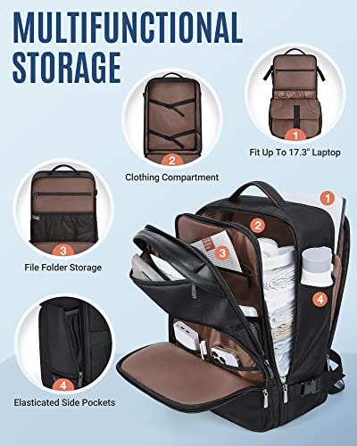 LIGHT FLIGHT Mens Travel Backpack, 36.5L Airline Approved 17.3 inch Laptop Backpack for Weekend Trip, Water-resistant Weekender Backpack for Business, Black