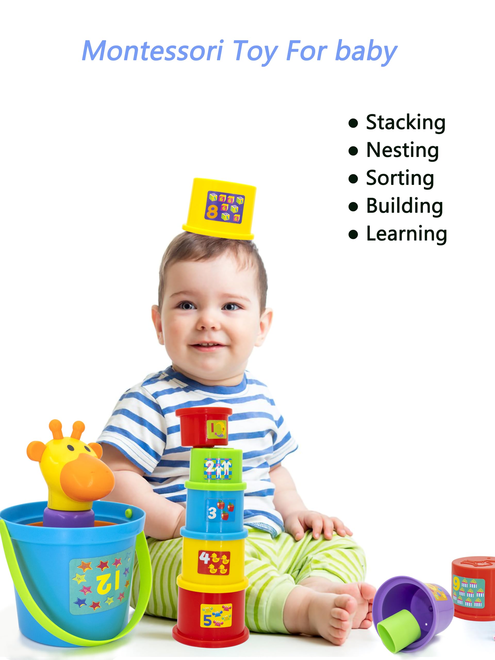 Fun Time Stacking Toys for Toddlers 1-3, Montessori Baby Nesting Cups Building Blocks, Sensory Development STEM Learning Toys for Babies 6-12 Months