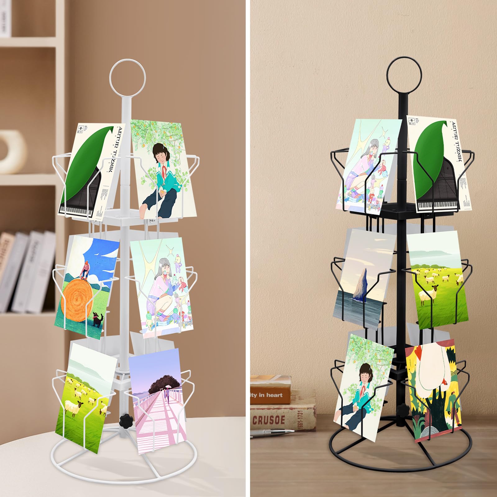 Fichiouy 3-Tier Rotating Greeting Card Rack for Store, Metal Display Stand Spinning Floor Stand 12 Pocket Rotating Holder for Stickers Showcase (White)