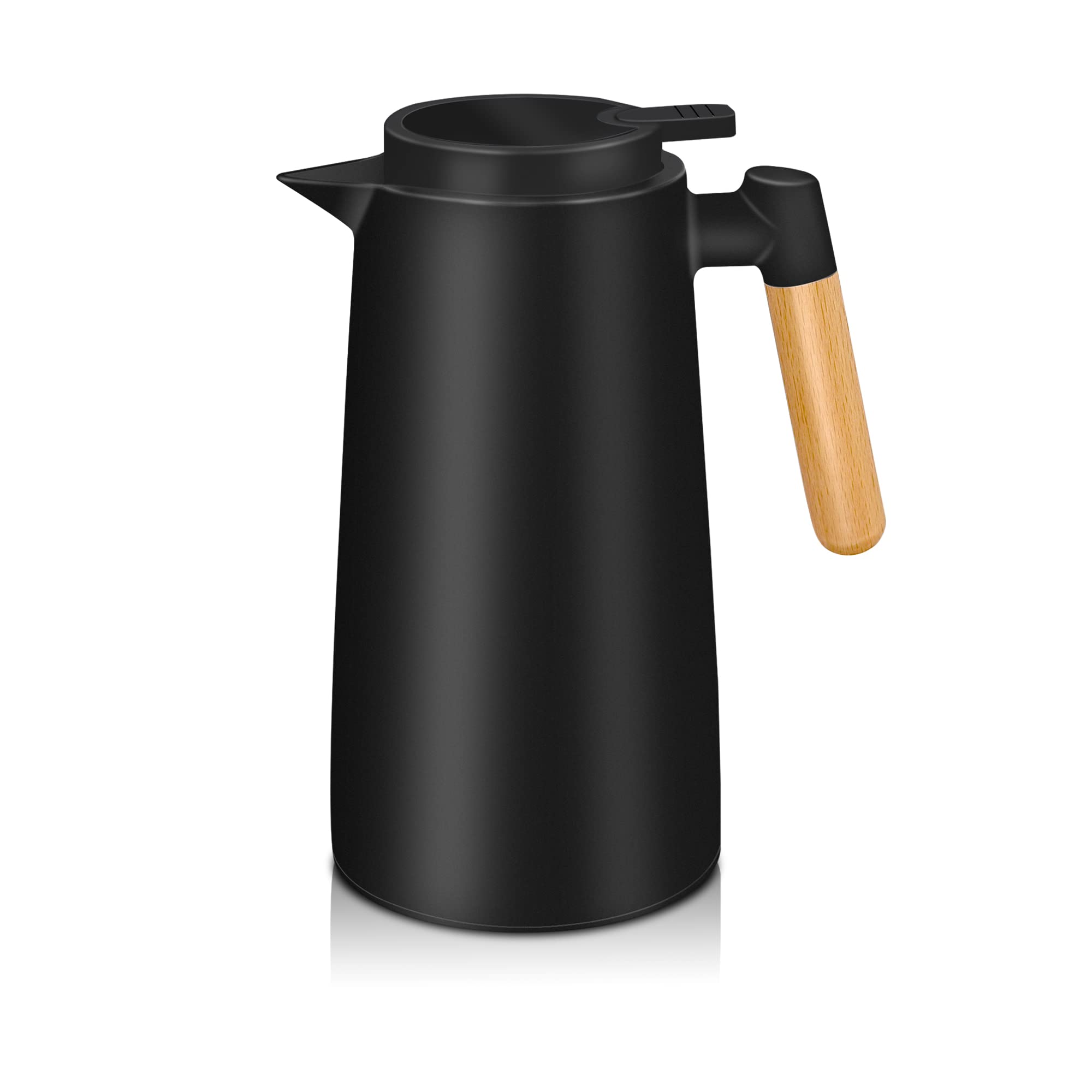 CUDINHAM Thermal Coffee Carafe,24H Long-Lasting Heat Preservation Coffee Carafes for Keeping Hot, 34Oz/1L, One-Button Water Spout, Double Wall Vacuum Coffee Thermos with Solid Wood Handle.(Black)
