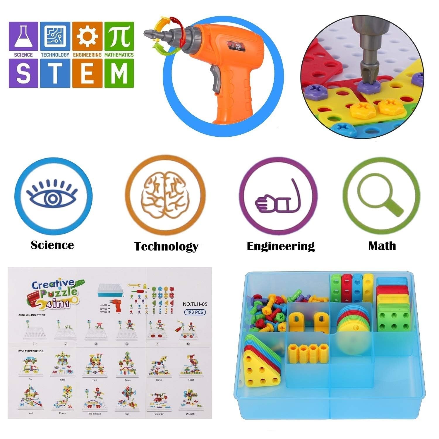 SUPSTEM Creative Toys for Kids 4-8, Mosaic Drill Set with Screwdriver Tool Playset, Electric Drill Toy with Rainbow Fasteners, Premium STEM Building Set for Ages 3+