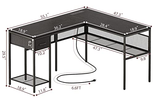 SUPERJARE L Shaped Desk with Power Outlets, Computer Desk with Drawer, Reversible Corner Desk with Grid Storage Bookshelf, Home Office Desk, Black