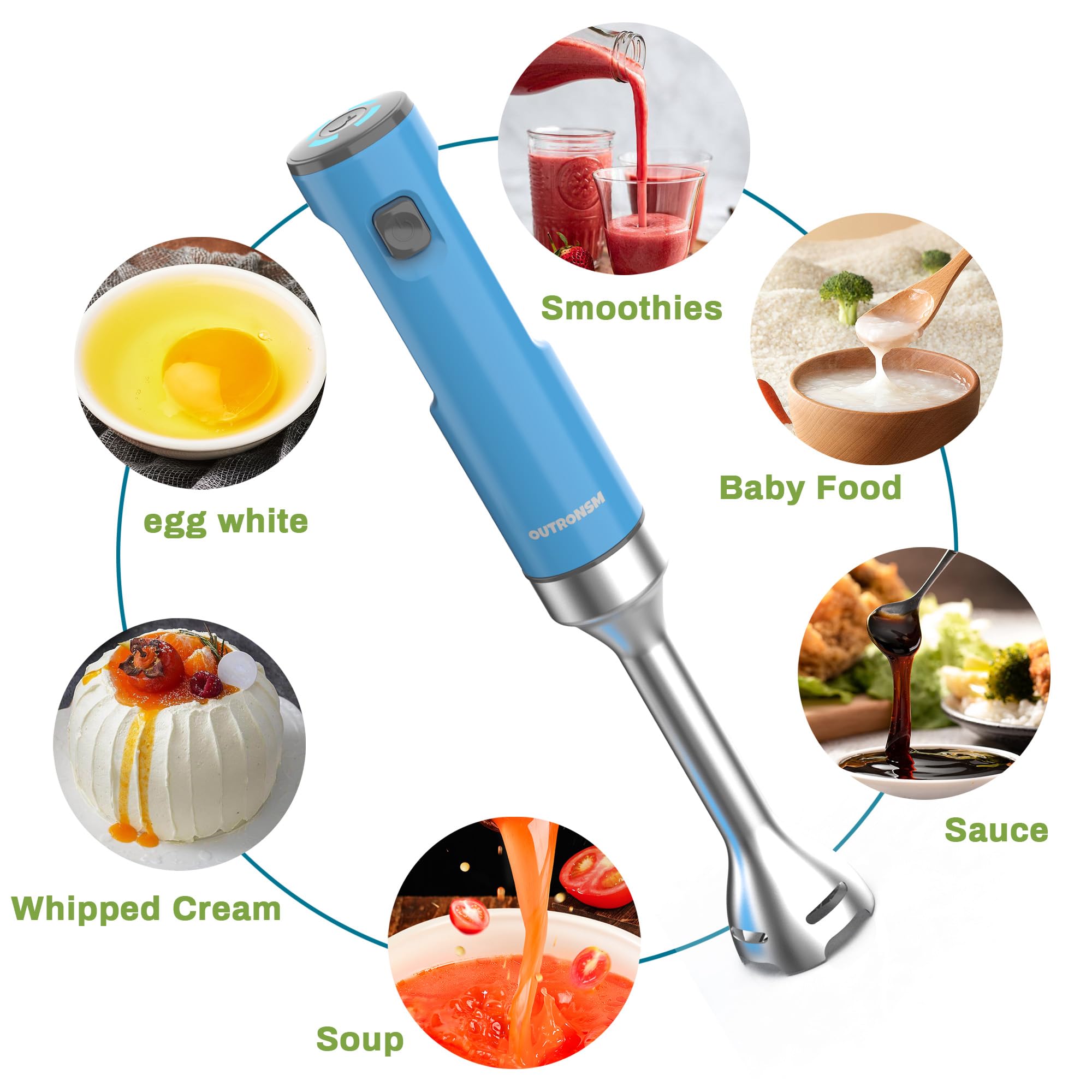 Cordless Hand Blender, OUTRONSM Immersion Blender Handheld Rechargeable, with Charging Cable, Egg Whisk, for Smoothies, Milkshakes, Hummus and Soups β Blue