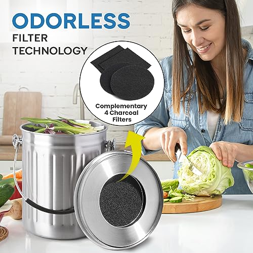 Compost Rite Stainless Steel Compost Bin for Kitchen - 1.3 Gallon, Indoor Countertop Compost Bin, Kitchen Compost Bucket with Lid & Carrying Handle, Odor-Free Compost Pail for Food Waste