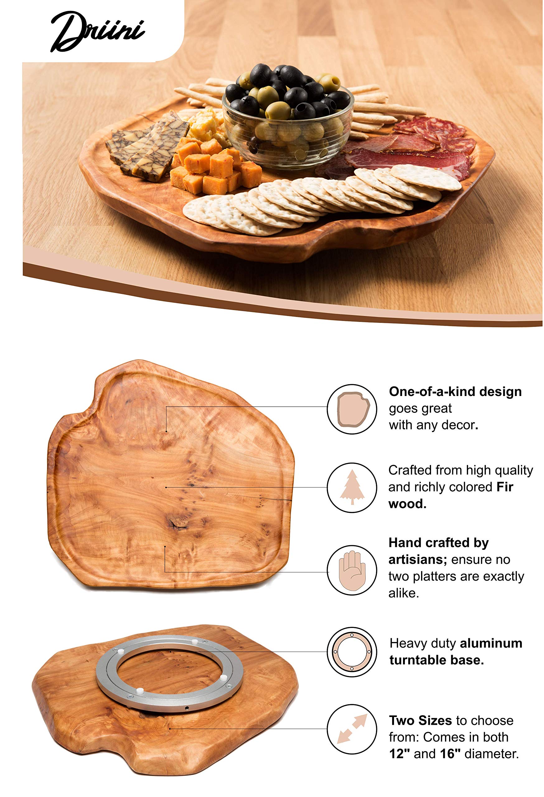 Driini Premium Handmade Root Wood Lazy Susan Turntable (16'') - Large Rustic Wooden Serving Platter Cheese Board - Oversized Charcuterie Tray, Perfect for Your Dinner Table or Countertop