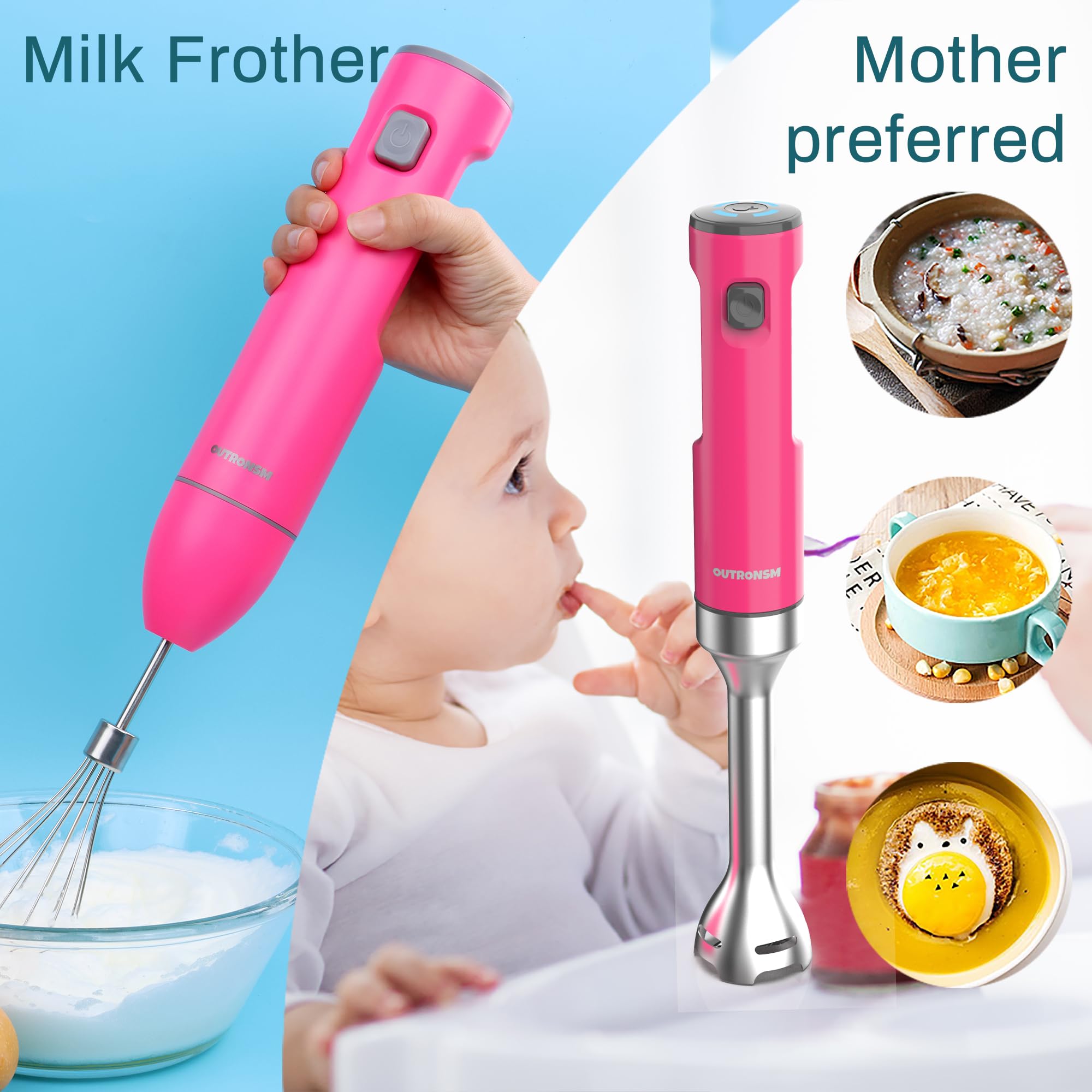 Cordless Hand Blender, OUTRONSM Cordless Immersion Blender Rechargeable, with Charging Cable, Egg Whisk, for Smoothies, Milkshakes, Hummus and Soups β Red