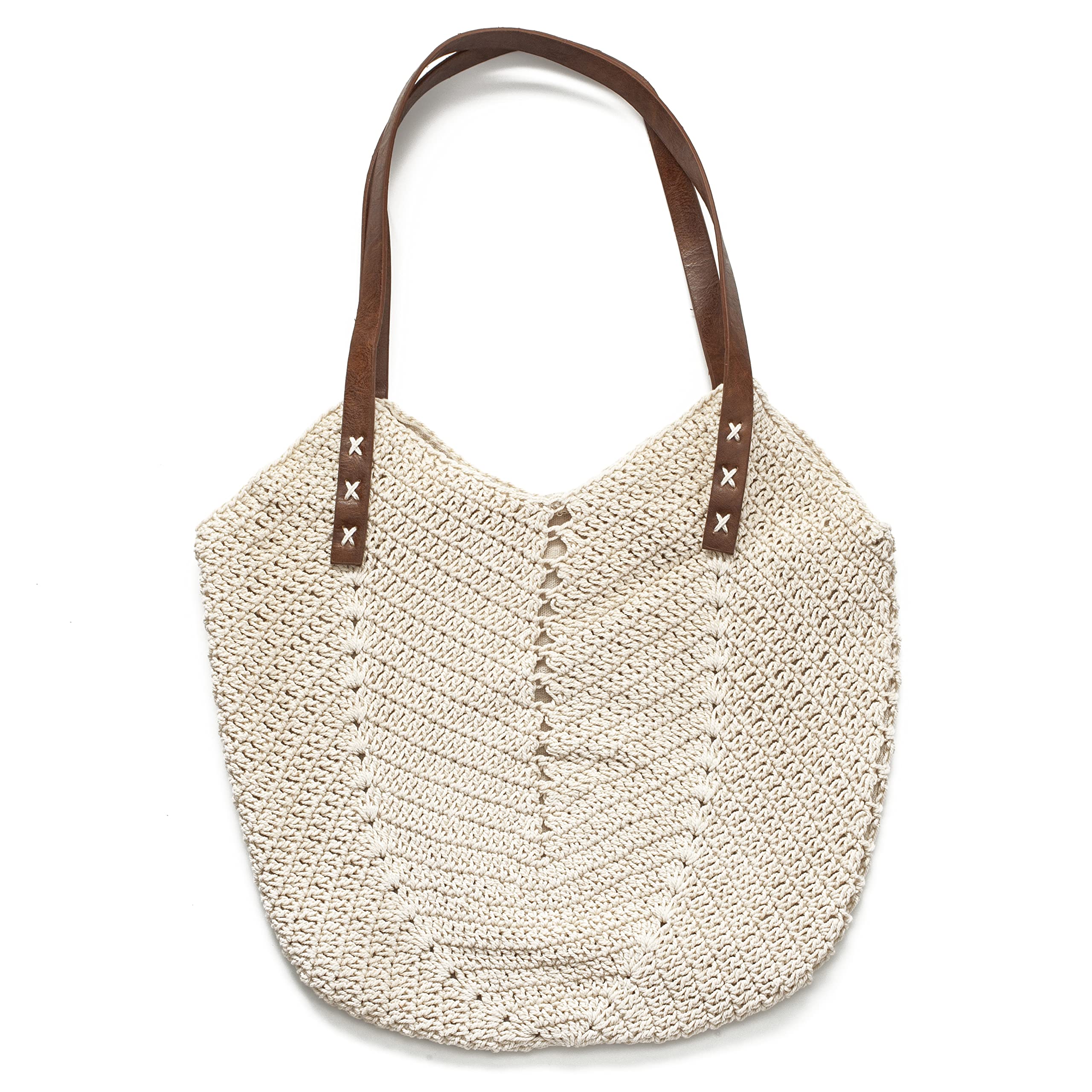Elena Handbags Retro Cotton Knitted Shoulder Bag with Leather Strap (White)