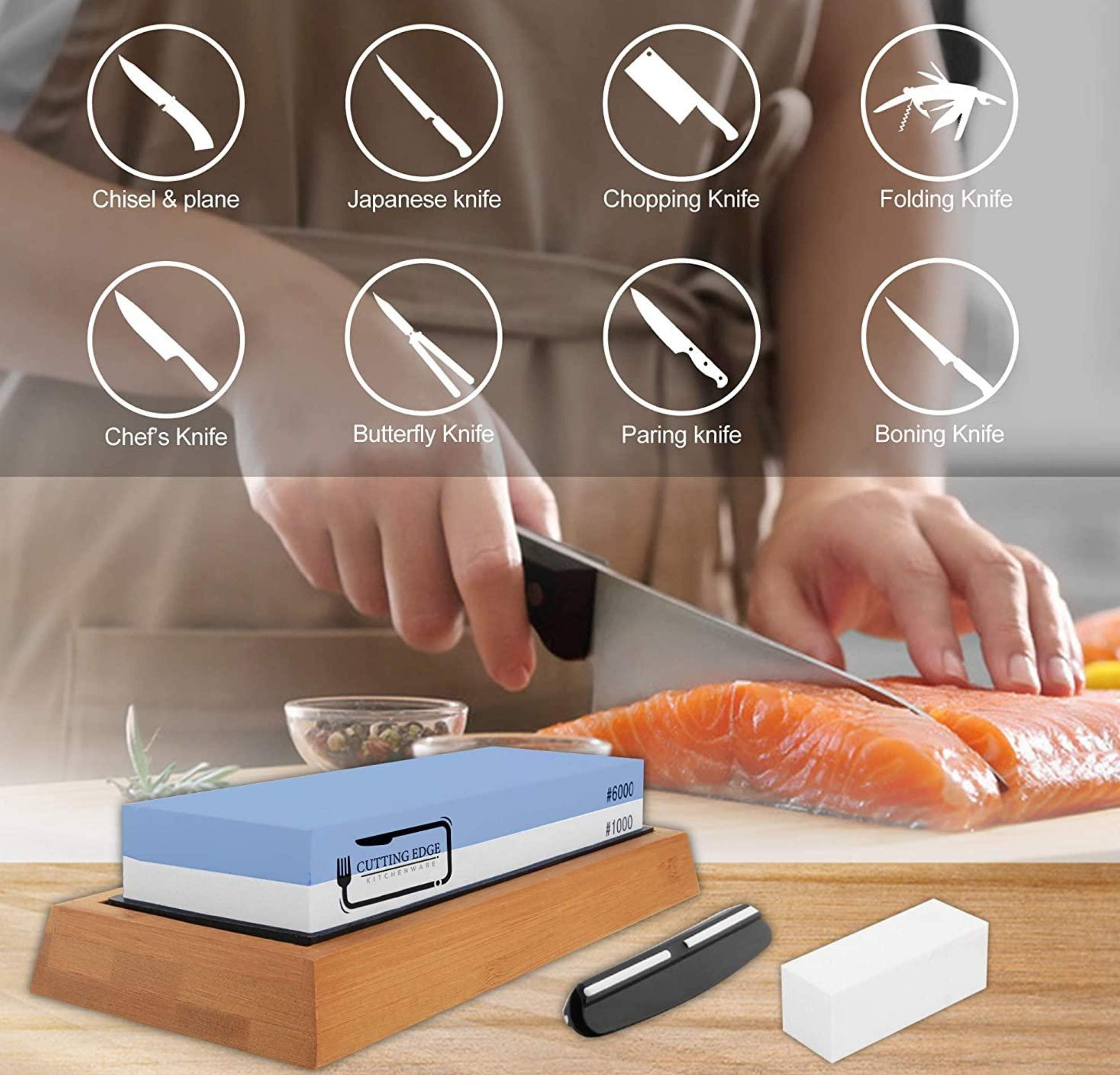 Cutting Edge Whetstones Knife Sharpening Stone 2 Side Grit 1000/6000 Waterstone | Chef knives Sharpener Stones Dual Sided Non Slip Bamboo Base | Angle Guide Flattening Water Stone for Home Kitchen