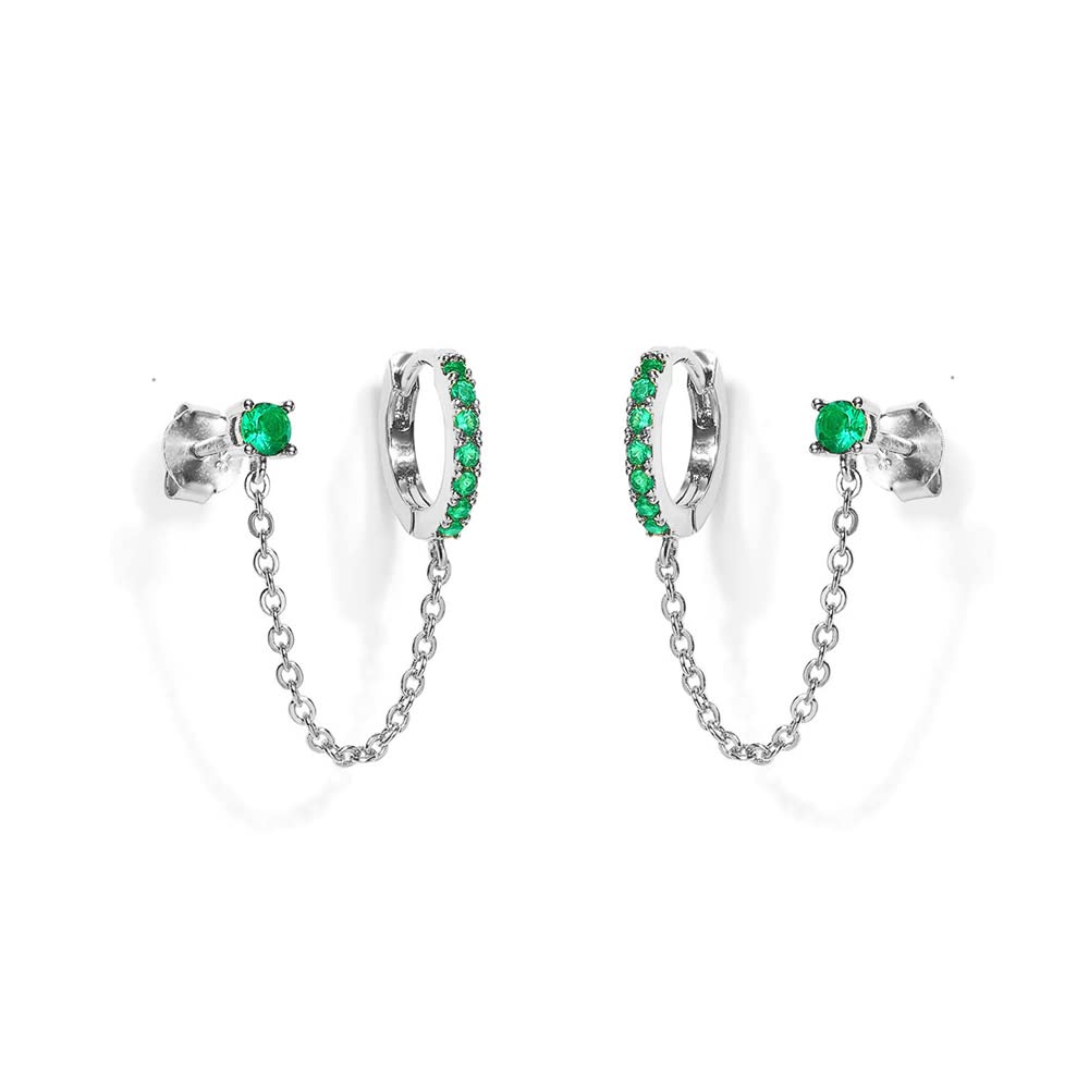 Dainty Round CZ Stud Small Hoop Cuff Cartilage Double Piercing Earrings for Women Teen Girls 925 Sterling Silver Threader Chain Drop Dangle Delicate Two Holes Cubic Zirconia Crystal Huggie Hoops