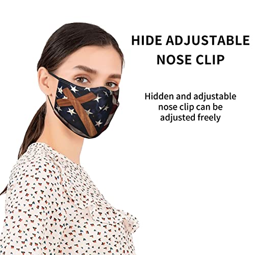 for God and Country Cross American Flag Unisex Cloth Face Masks Reusable Washable Ajustable Masks with Filters Black