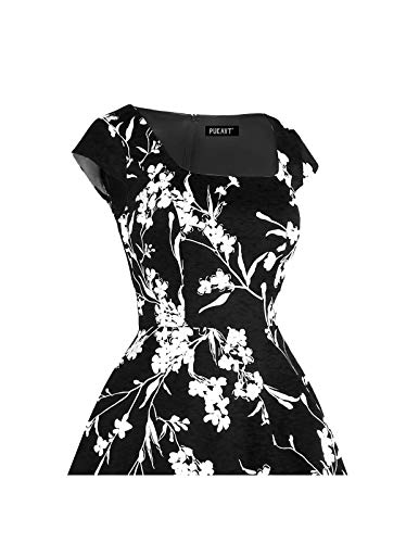 PUKAVT Women's Cocktail Party Dress Cap Sleeve 1950 Retro Swing Dress with Pockets Black Flower M