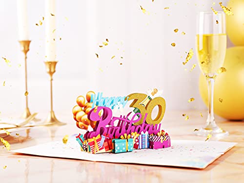 Liif Happy 30th Birthday 3D Greeting Pop Up Card, 30th Birthday Card For Him, Her, Women, Funny, Celebrations, Congrats, Thirty, Balloons, Champagne | With Message Note & Envelop | Size 8" x 6"