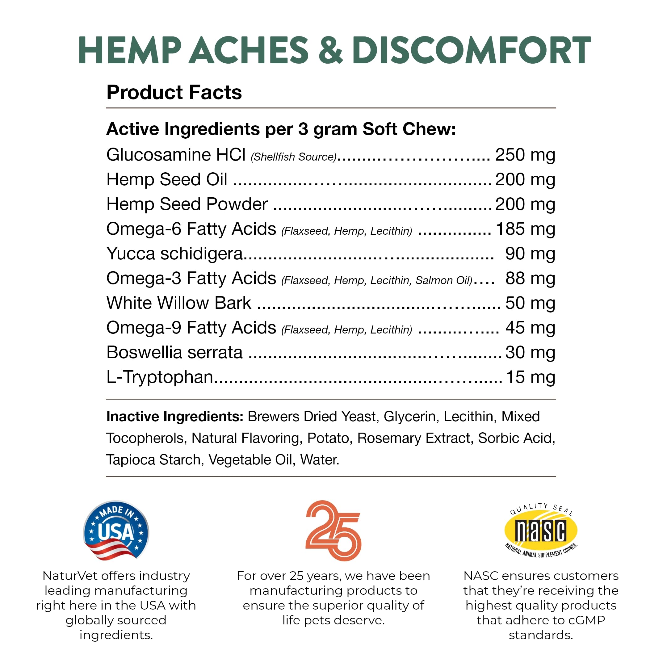 NaturVet Hemp Aches & Discomfort Plus Hemp Seed for Dogs, 60 ct Soft Chews, Made in The USA