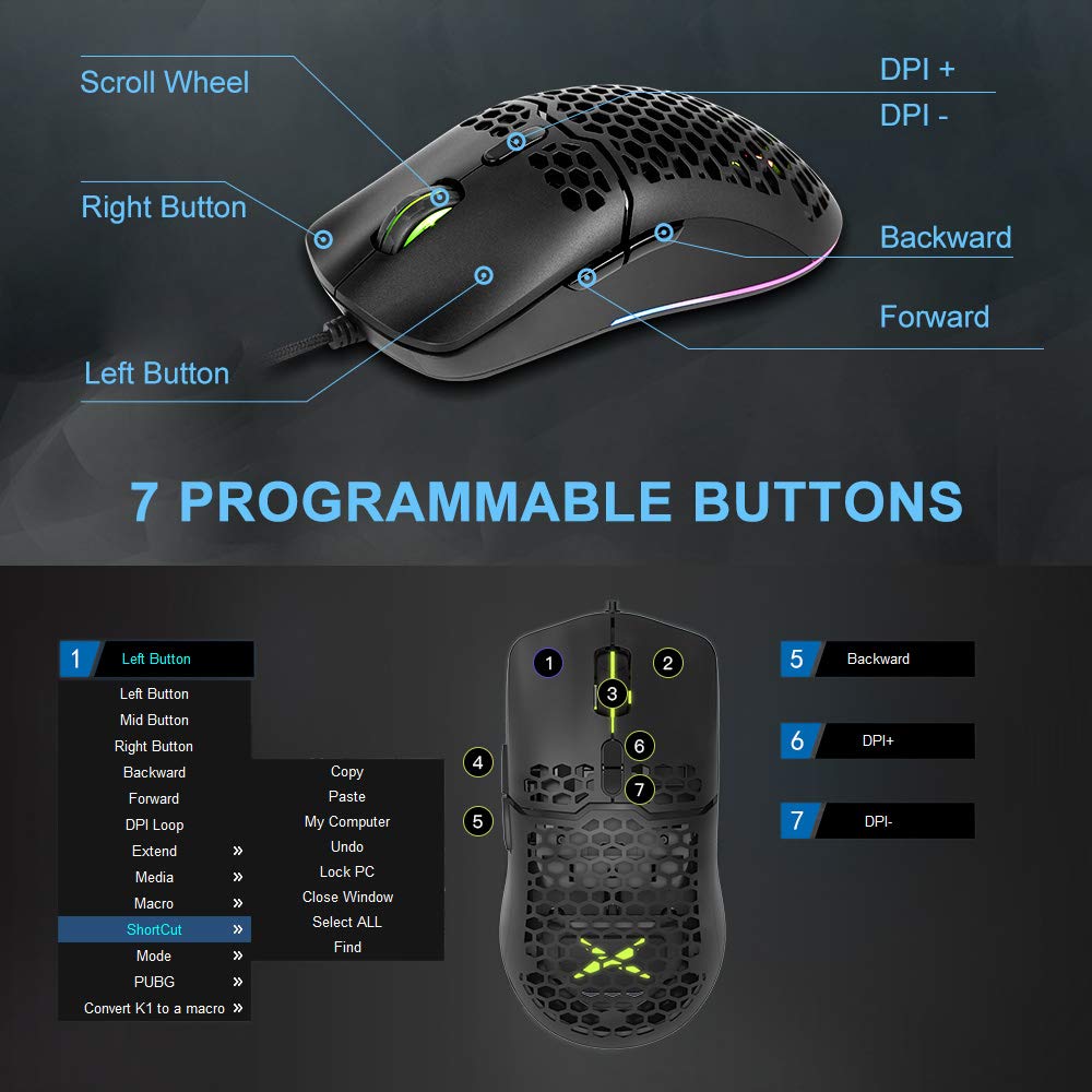 DeLUX 67G (2.36oz) Wired Lightweight Gaming Mouse with 7200DPI, 1000Hz Polling Rate, RGB Backlit and 7 Programmable Buttons, Honeycomb Gaming Optical Mouse for PC Gamer(M700BU(A725)(Black))