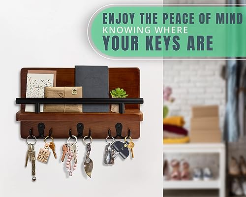 Comfify Natural Pine Wood Key Holder for Wall - Modern Decorative Finish with Metal Key Hooks and Mail Organizer/Sorter Slot - White