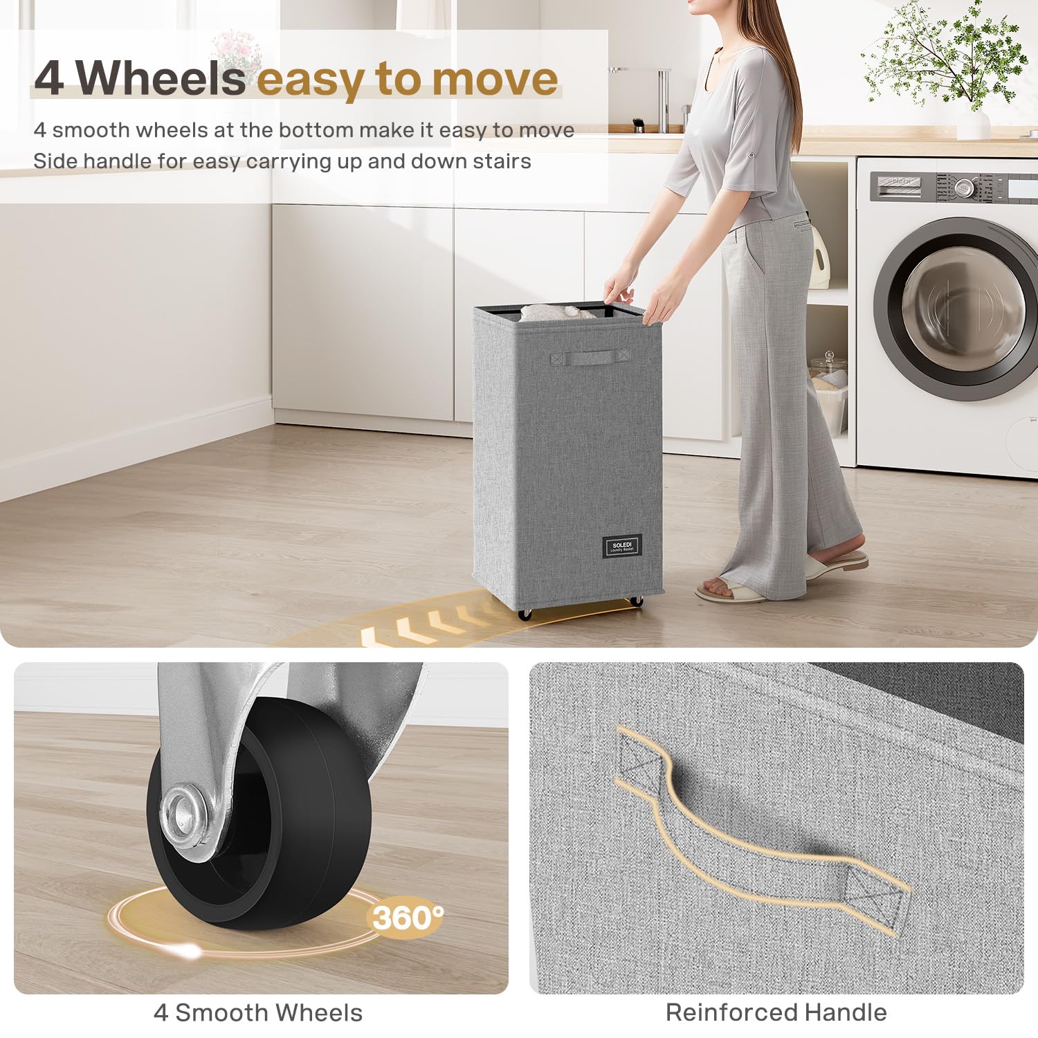 SOLEDI Double Laundry Hamper with Shelf, Rolling Laundry Basket with Wheels, Metal Frame Laundry Sorter Organizer, 120L Large Clothes Hamper for Laundry Room Bathroom Brown