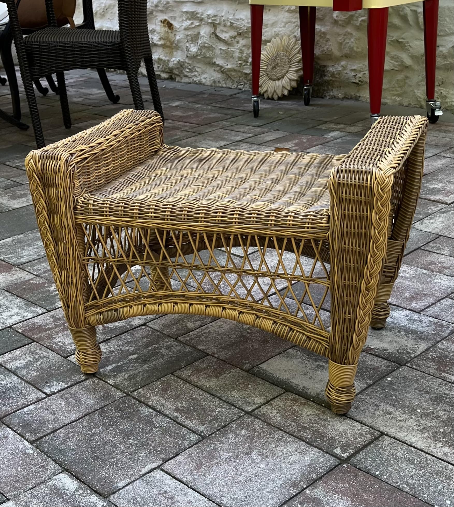 Honey Brown Wicker Patio Ottoman - Outdoor All Weather Wicker Footstool - Resin Aluminum Framed Bench - Cape Cod Style