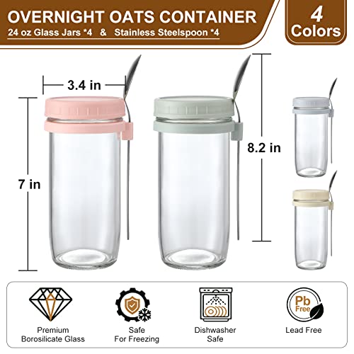 LANDNEOO 4 Pack Overnight Oats Containers with Lids and Spoons, 24 oz Glass Mason Jars for Overnight Oats, Large Capacity Airtight Jars for Milk, Cereal, Fruit