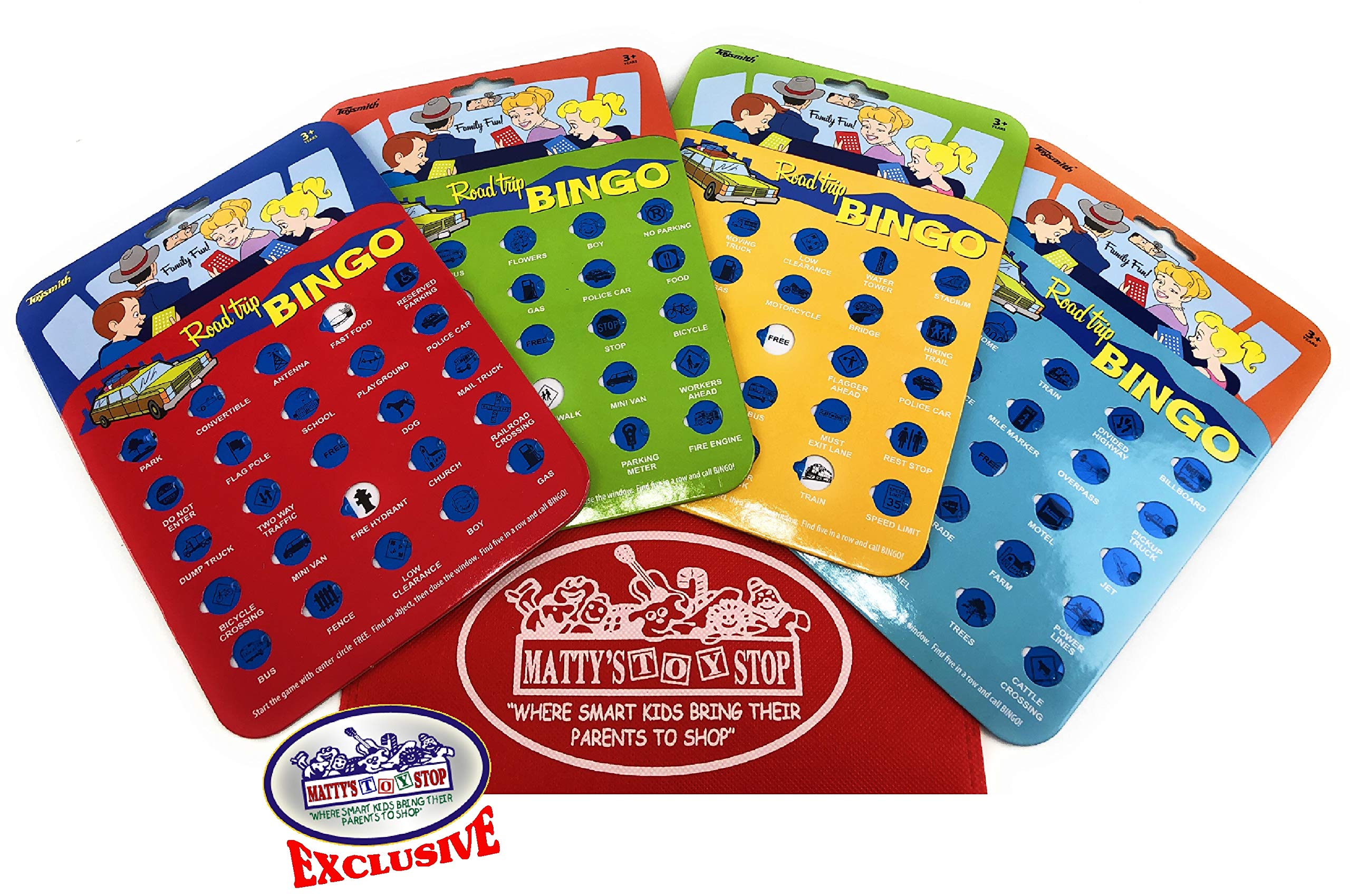 Toysmith Road Trip Bingo Cards Red, Blue, Green & Orange Gift Set Travel Bundle with Bonus Matty's Toy Stop Storage Bag - 4 Pack