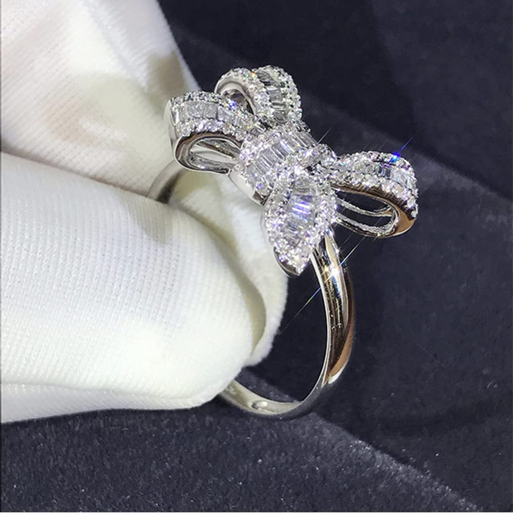 Cutesmile 18k Platinum Plated Shiny Cubic Zirconia Crystal Bow-Knot Engagement Wedding Ring (10)