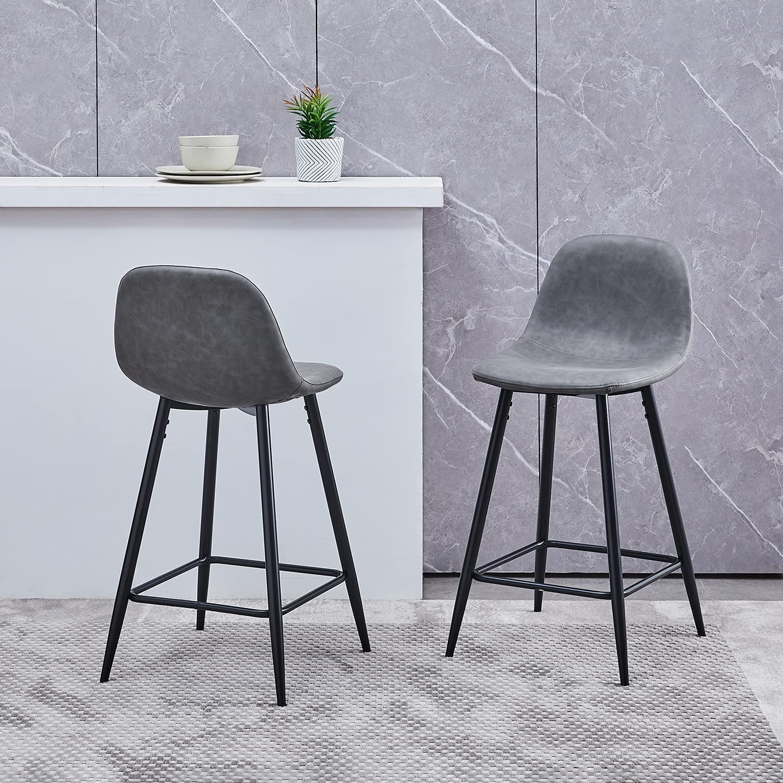 CLIPOP Pu Leather Bar Stools Set of 2, 26" Counter Height Bar Stool with Back, Sturdy Metal Legs, Footrest, Kitchen Bar Chairs for Home Island Breakfast Pub, Maximum Weight 330 lbs, Grey