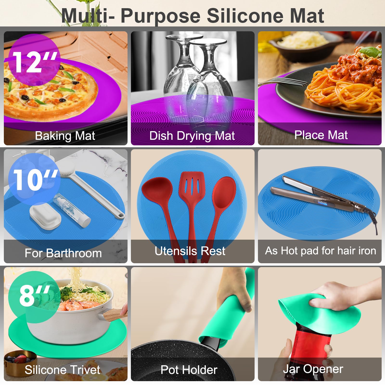 KooMall 12 10 8 6 4 Inch Multi-Purpose Microwave Mat, as Trivet, Pot Holders, Food Cover, Cup Lids, Drying, Place Mat, Utensils Rest, Heat Pad for Hot Pot Pans Bowls Plates Dishes Kitchen Counter