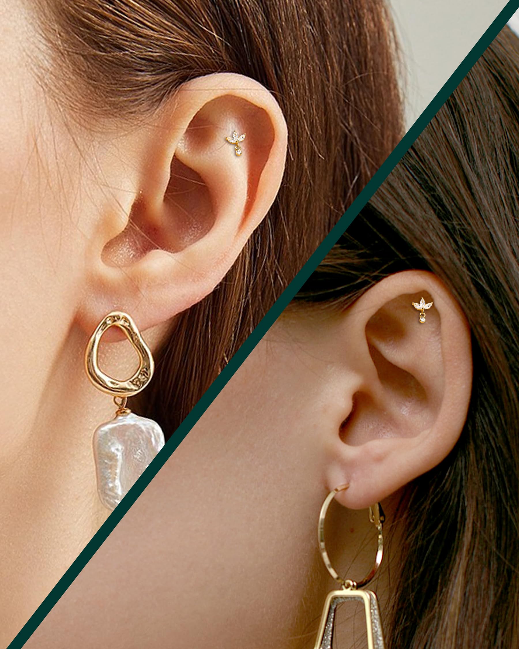 COCHARM 14k Solid Gold Dangling Helix Earings 18g Yellow Gold Cartilage Earrings Stud Real Gold Lotus Flower 18g Tragus Earrings Stud For Women