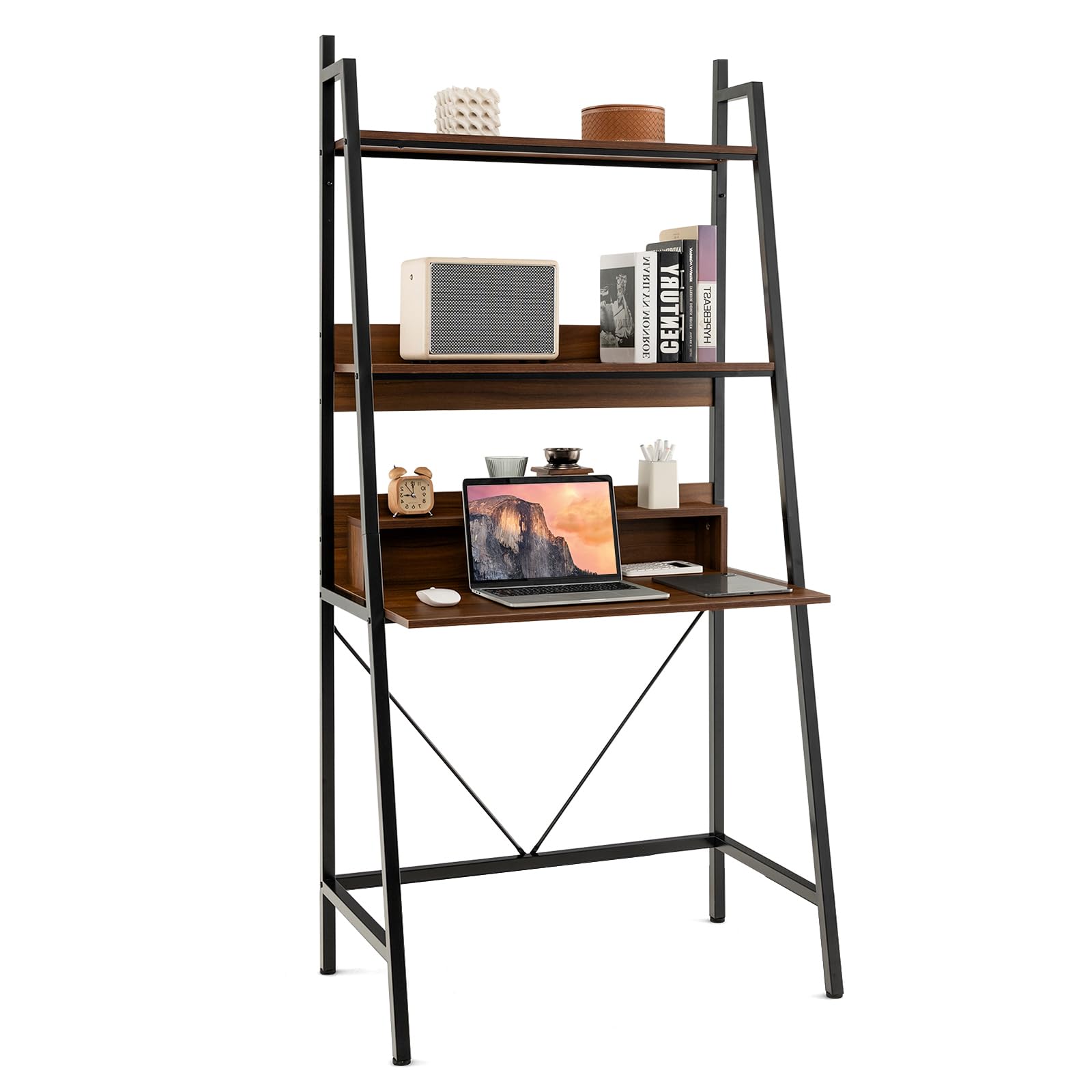 GOFLAME 71â High Ladder Desk, Freestanding Laptop Desk with Open Shelves, 3-Tier Ladder Shelf Computer Desk, Anti-Tipping Kits, Ideal for Living Room Bedroom Study, Brown