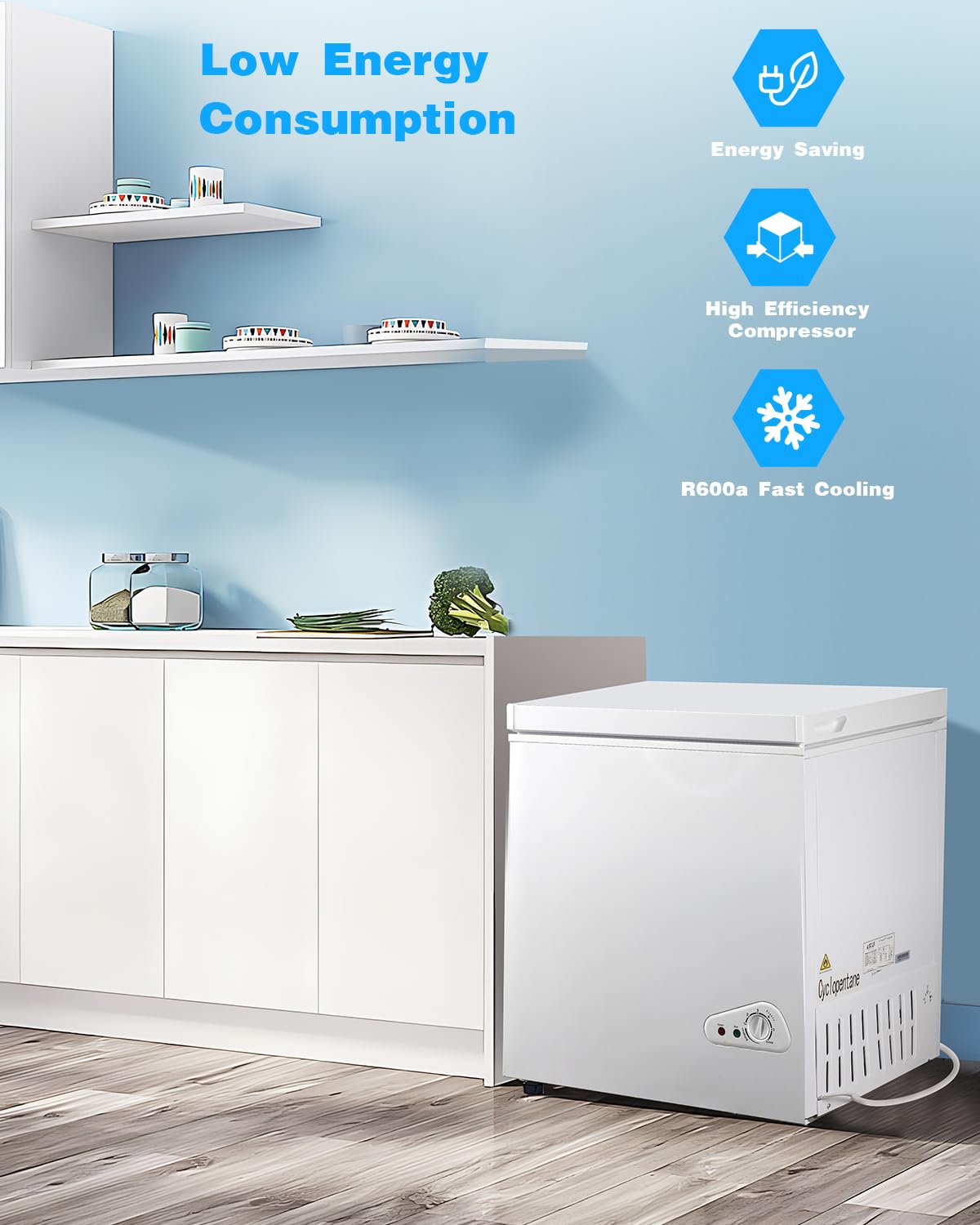 Iorbur FLG-72Q-WHITE 3.5 Cu.Ft Chest 7 Gears Adjustable Temperature Control(-18°F to-46°F) with a Removable Basket, Deep Compact Freezer for Garage, Office, Basement, House, Kitchen, Shop, RVs-White