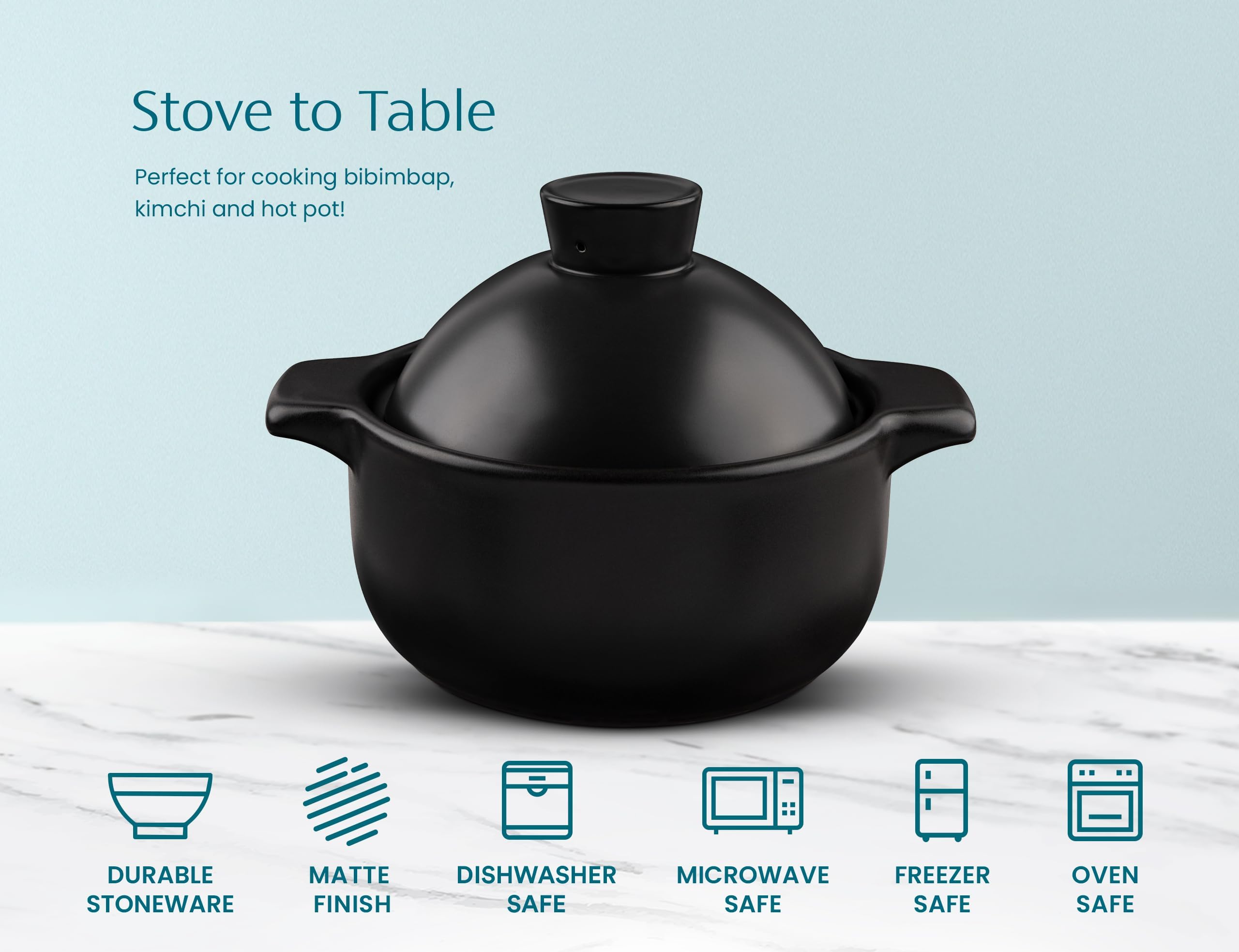 Kook Korean Hot Pot, Dolsot Pot, 68 oz, with Lid, for Cooking Donabe, Bibimbap, Kimchi, Hot Pot, Soups and Stews, Oven and Dishwasher Safe, Black