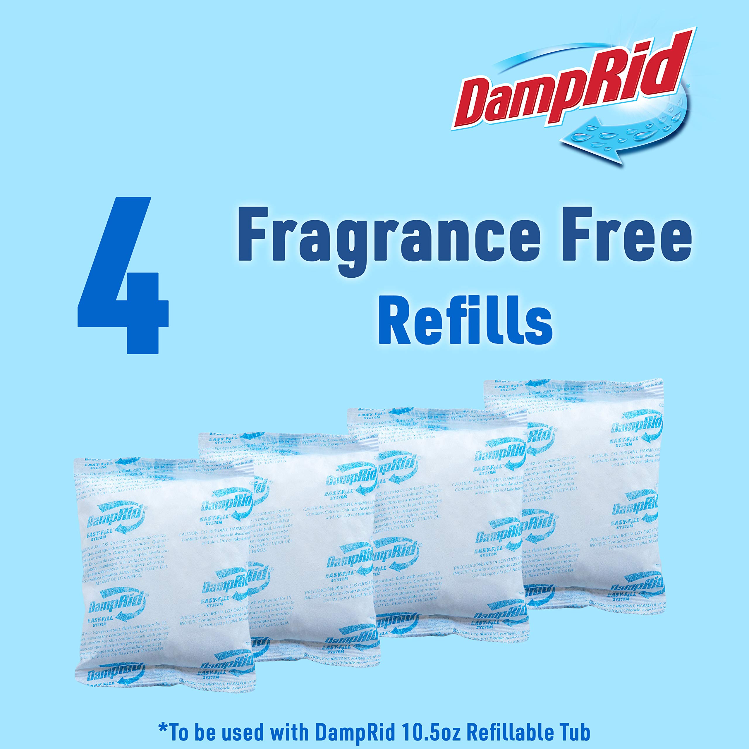 DampRid 10.5 oz Fragrance Free Absorber Easy Fill Refill Packs-4 Count β Attracts & Traps Moisture for Fresher, Cleaner Air, Blue/White
