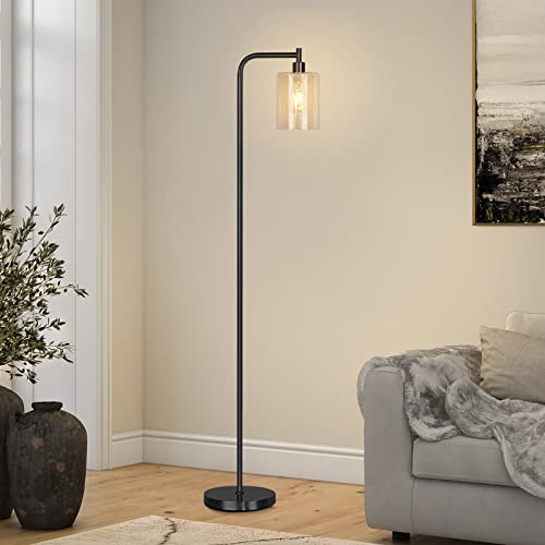 QiMH Industrial Floor Lamp for Living Room, Modern Standing Lamp with HD Glass Lampshade and Pedal Switch, 67β Tall Pole Light for Bedroom Study Room, Black (2700K LED Bulb Included)