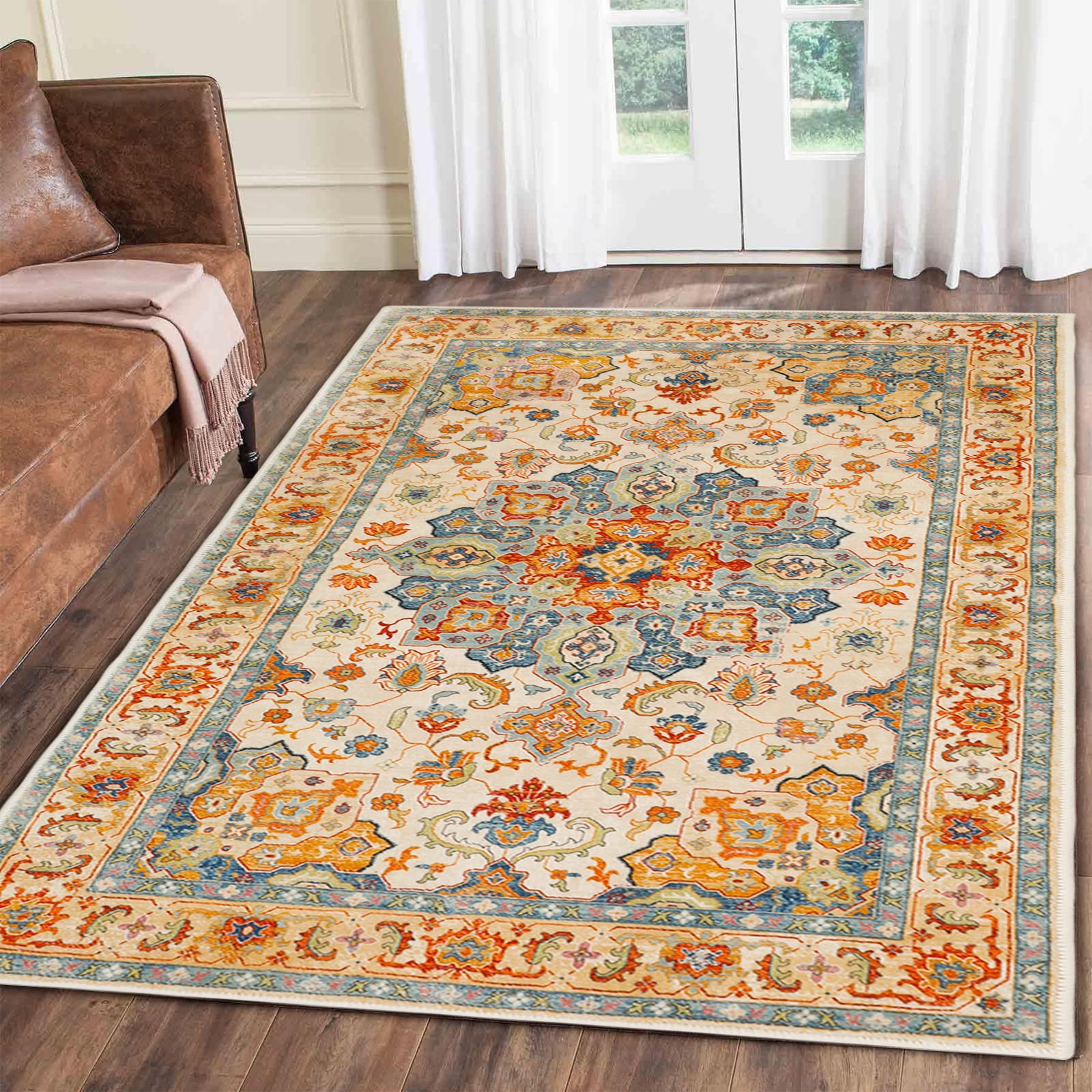 COMSLE Boho Area Rug, 4' x 6' Machine Washable Rugs for Entryway Faux Wool Large Rugs Distressed Throw Rug Non-Slip Floor Carpet for Indoor Bedroom Kitchen Living Room