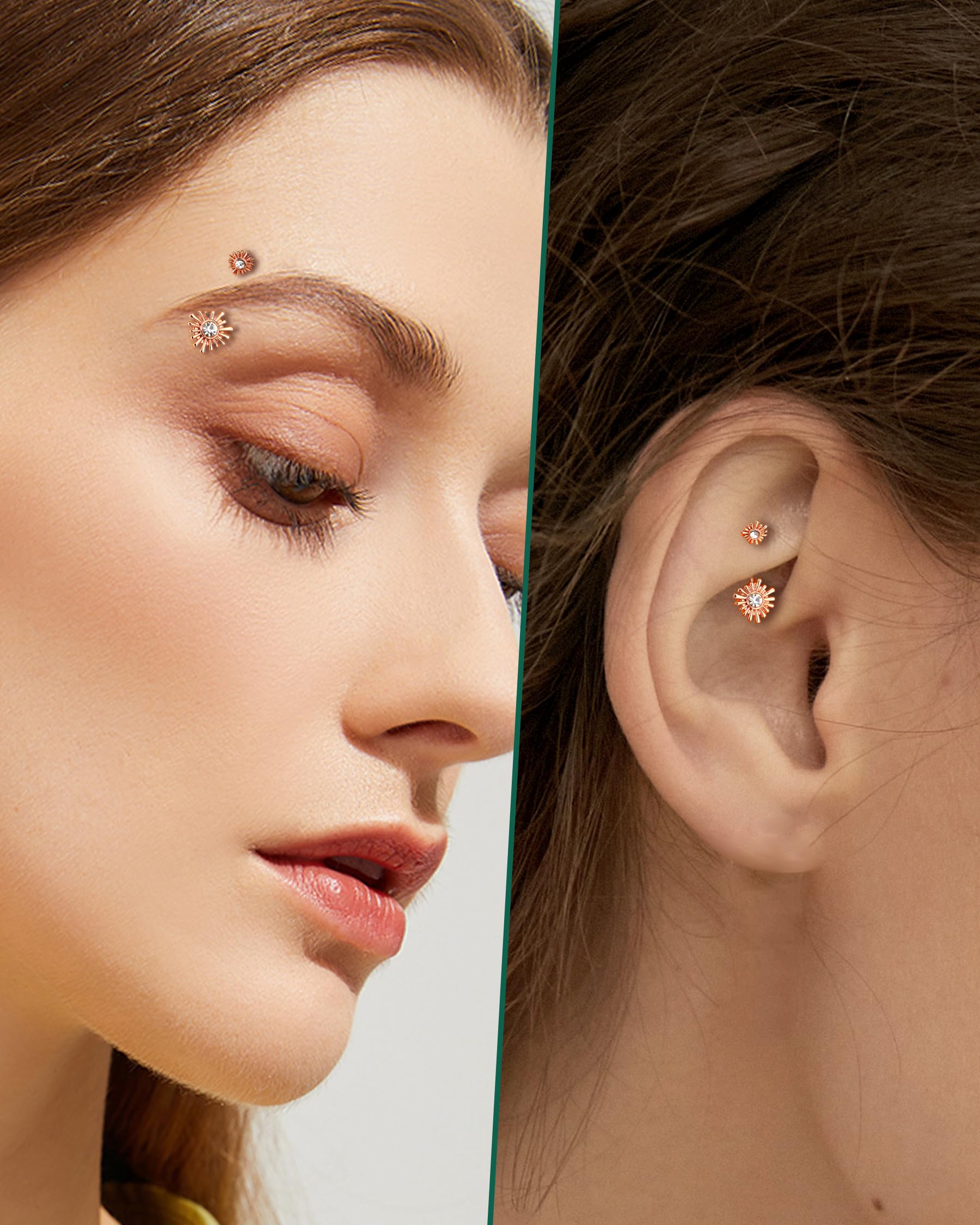 COCHARM Sun Rook Earrings 16g 18K Rose Gold Sun Piercing Jewelry 6mm Rook Barbell 6mm Short Rook Bar Cute Daith Earring Daith Rook Piercing