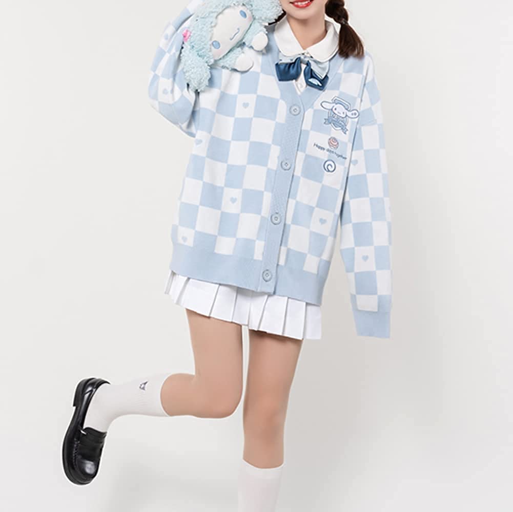 Cosplay Sweater Kawaii Button Knitted Outerwear Women's Japan Cute Cardigan Plaid Jk Uniform Cardigan Sweater (US, Alpha, Large, Regular, Regular, Blue)