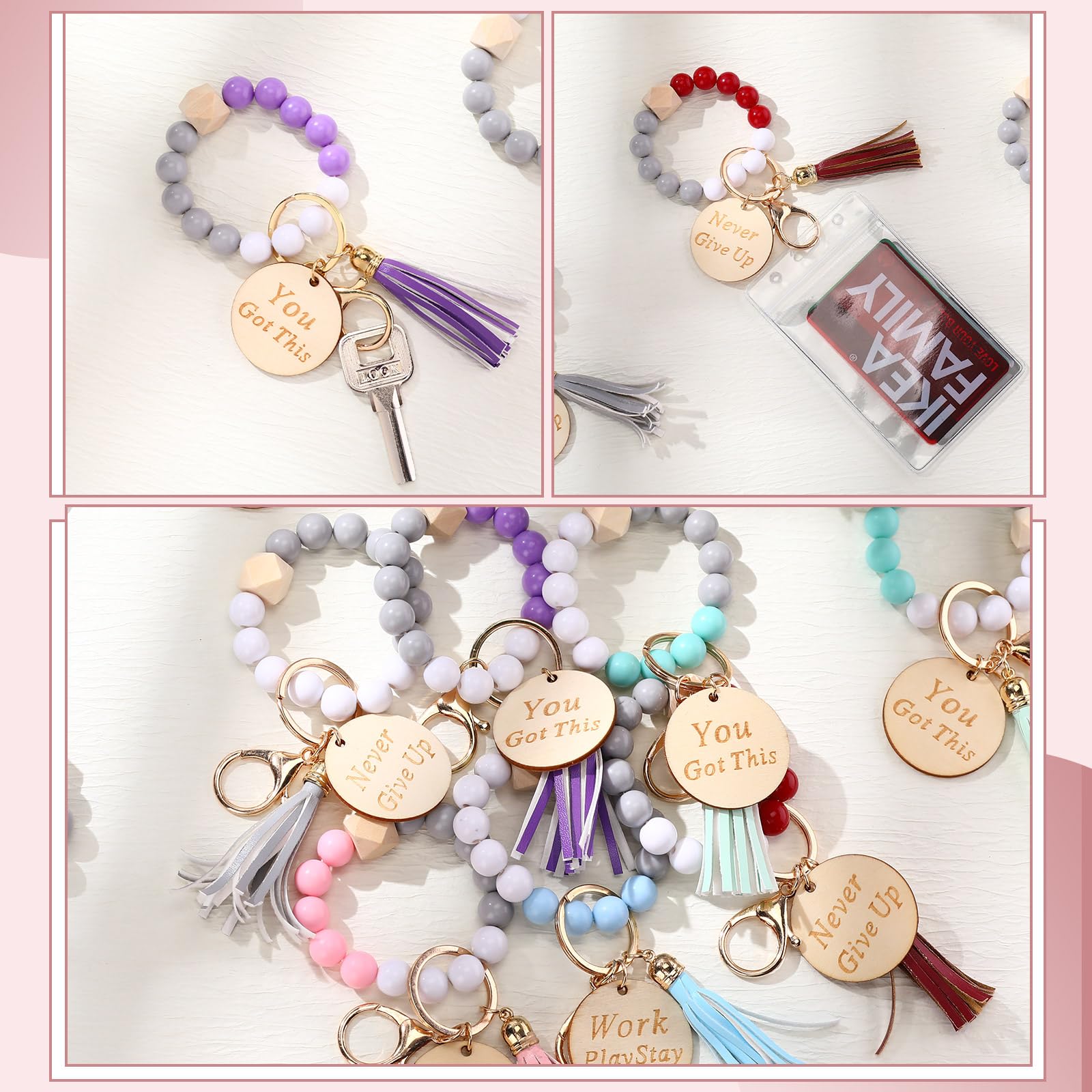 Faccito 12 Pcs Inspirational Keychain Bracelet with Tassel Beaded Motivational Quote Wristlet Key Ring for Graduation Gift(Aesthetic Color)