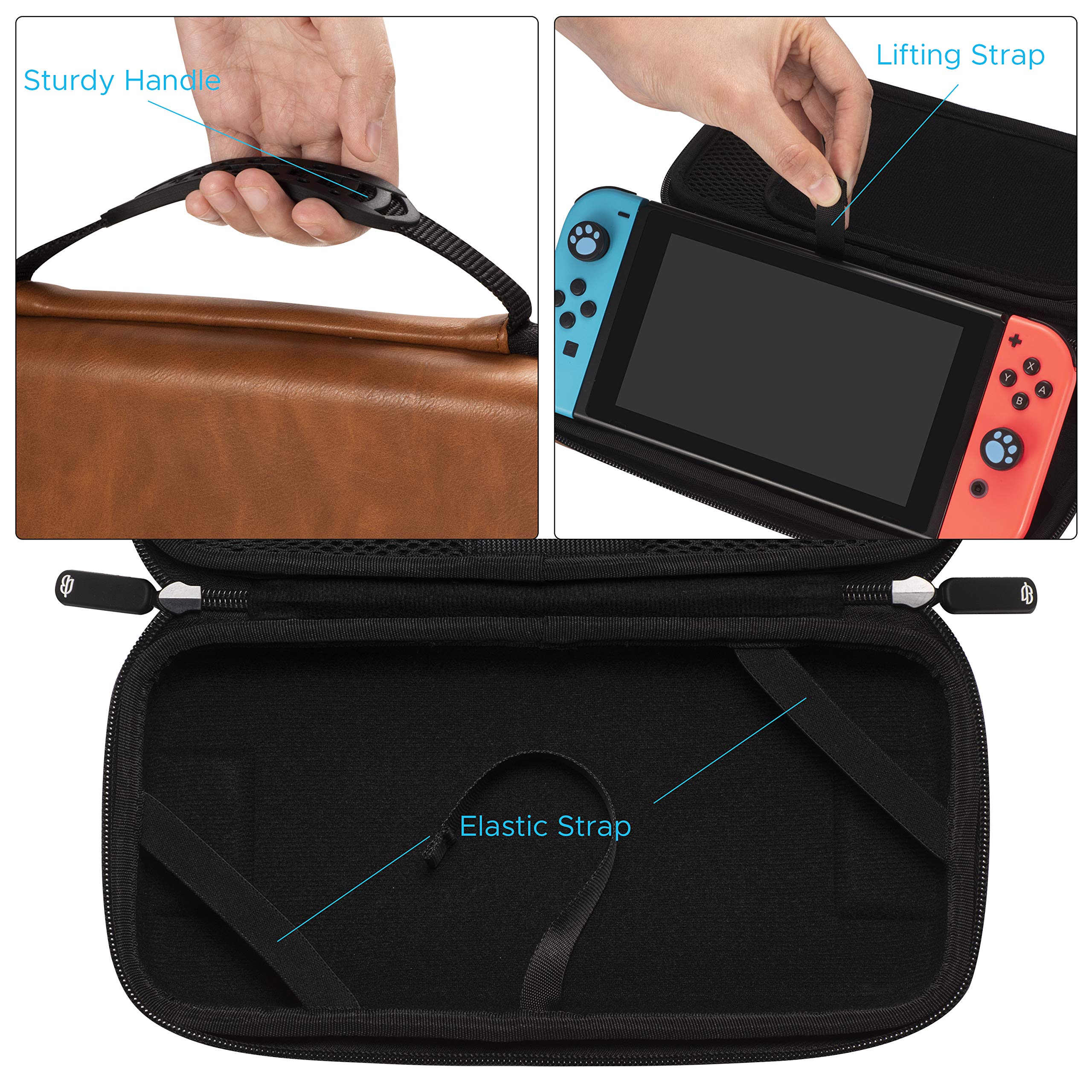 Comfyable Carrying Hard Case for Nintendo Switch OLED 2021 with 10 Game Slots, Faux PU Leather Portable Travel Pouch Protective Waterproof Cover with Pocket for Accessories, Brown