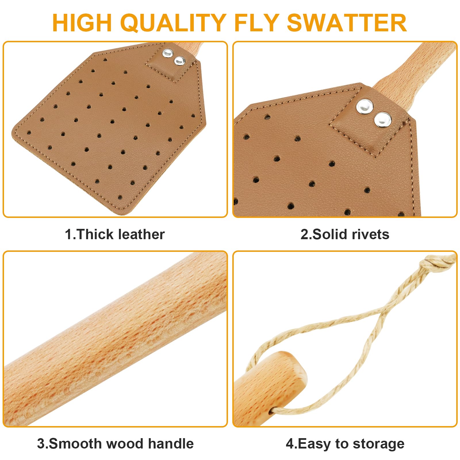 Leather Fly Swatter for Indoors/Outdoors, Heavy Duty Flyswatter with Walnut Wood Handle 19.7" Long Fly swatted Manual for Bug, Flies, Bees, Mosquitoes Brown